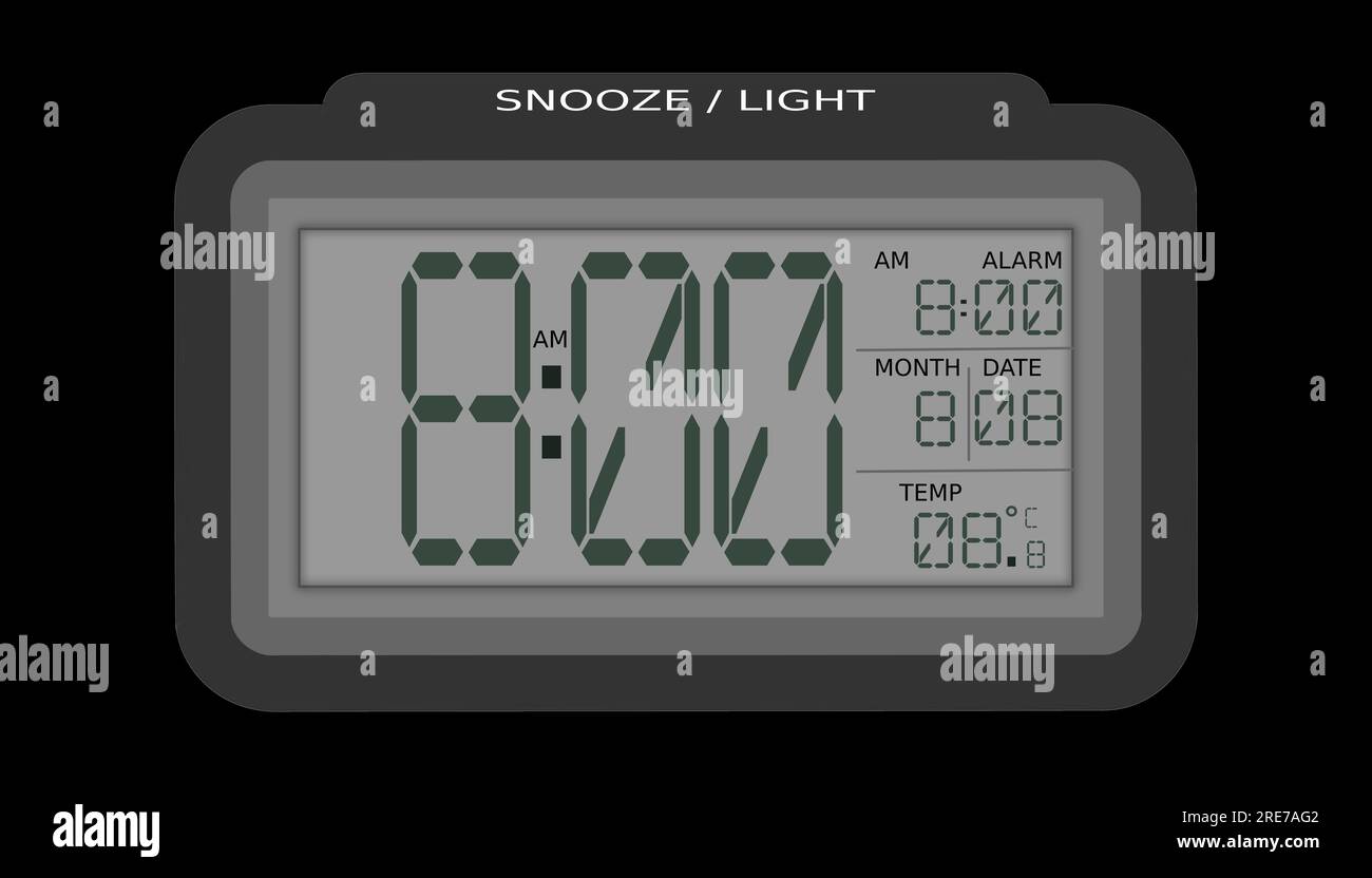 A Digital Clock Showing Time, Date, Temperature And Alarm Time Stock ...
