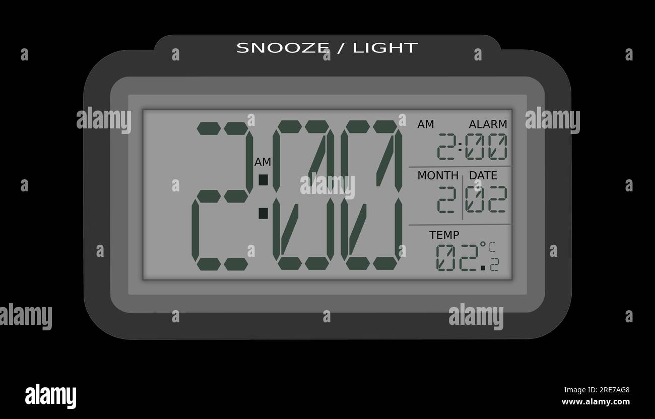 A Digital Clock Showing Time, Date, Temperature And Alarm Time Stock ...