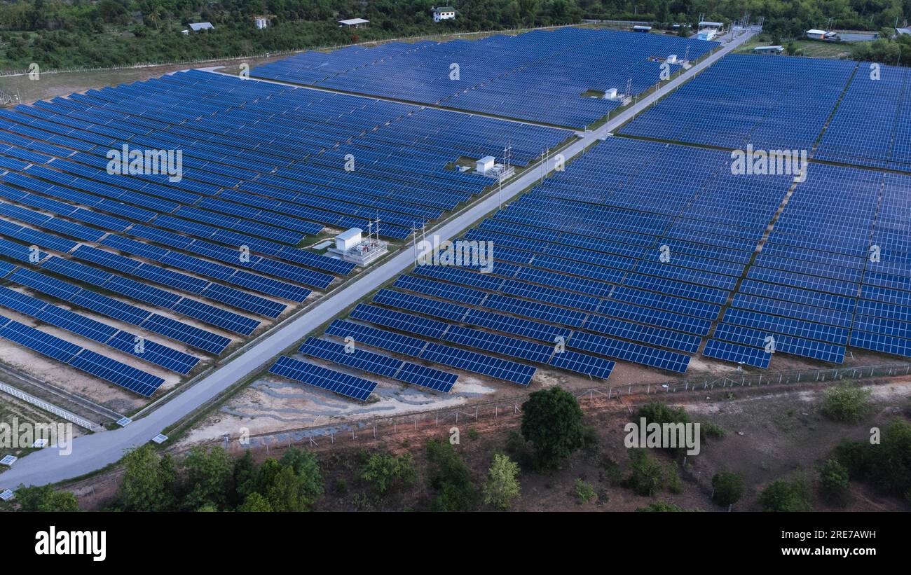 Aerial view of solar panels in a photovoltaic power plant. The concept ...