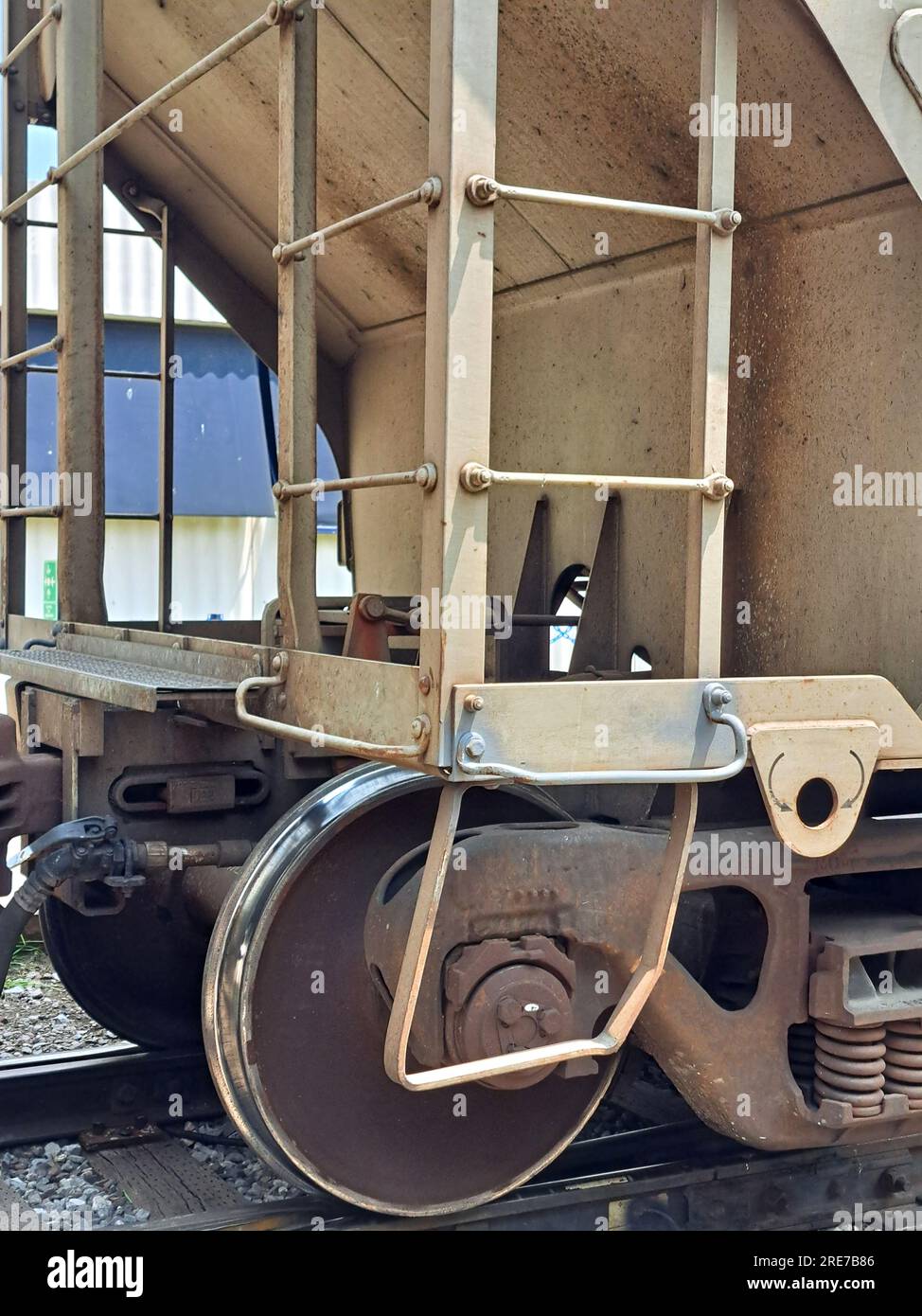 Close-up of railway wheels on rails, which support high loads rigidly ...