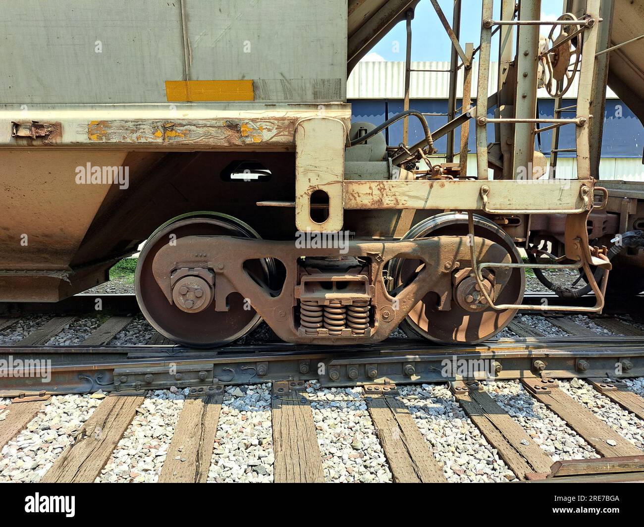 Close-up of railway wheels on rails, which support high loads rigidly ...