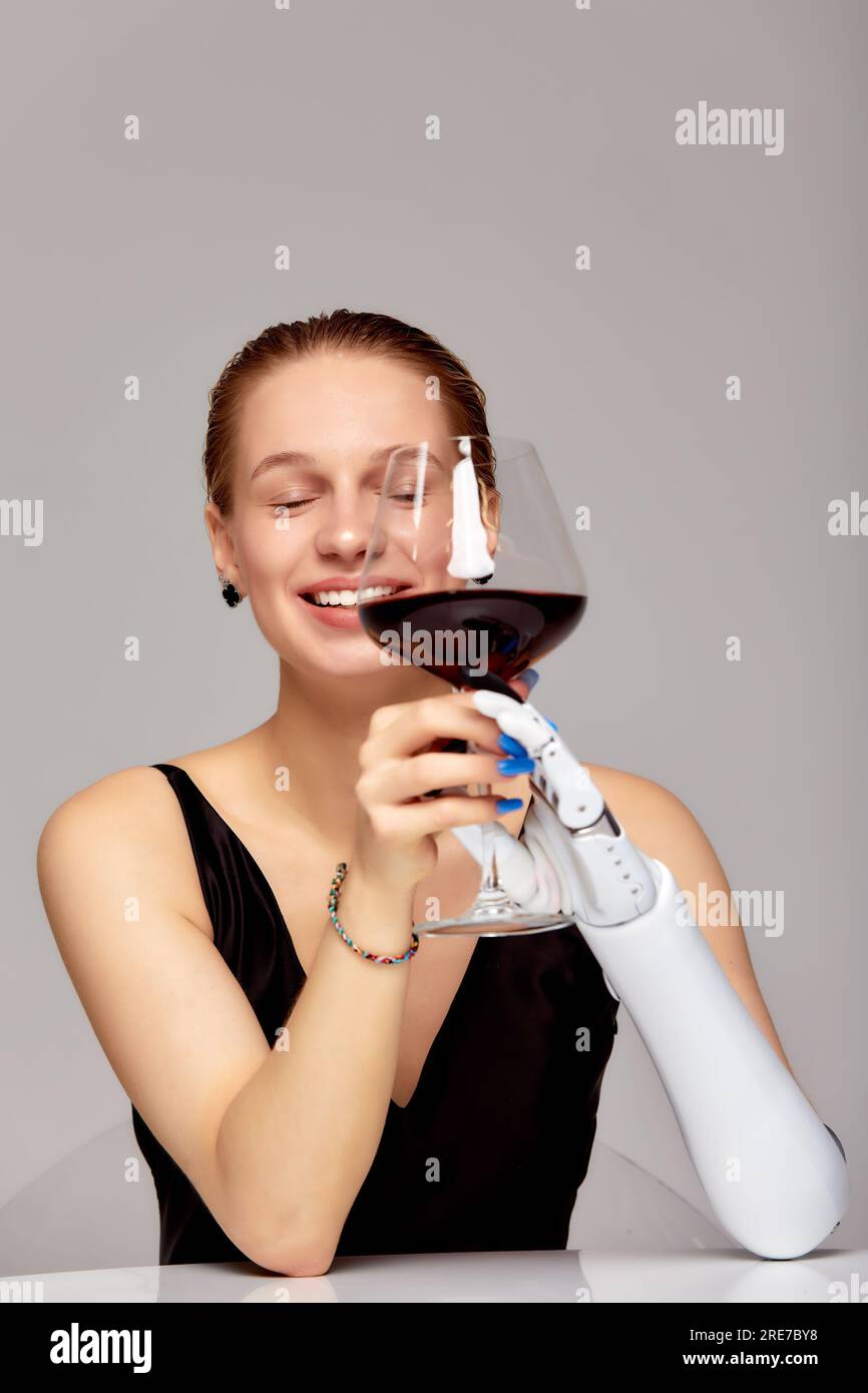 Young smiling girl with disability wearing sensory bionic prosthetic ...