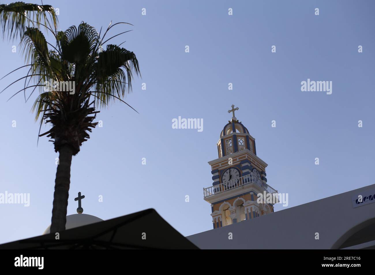 Blue clock tower building landmark in Santorini, Greek Island Stock ...
