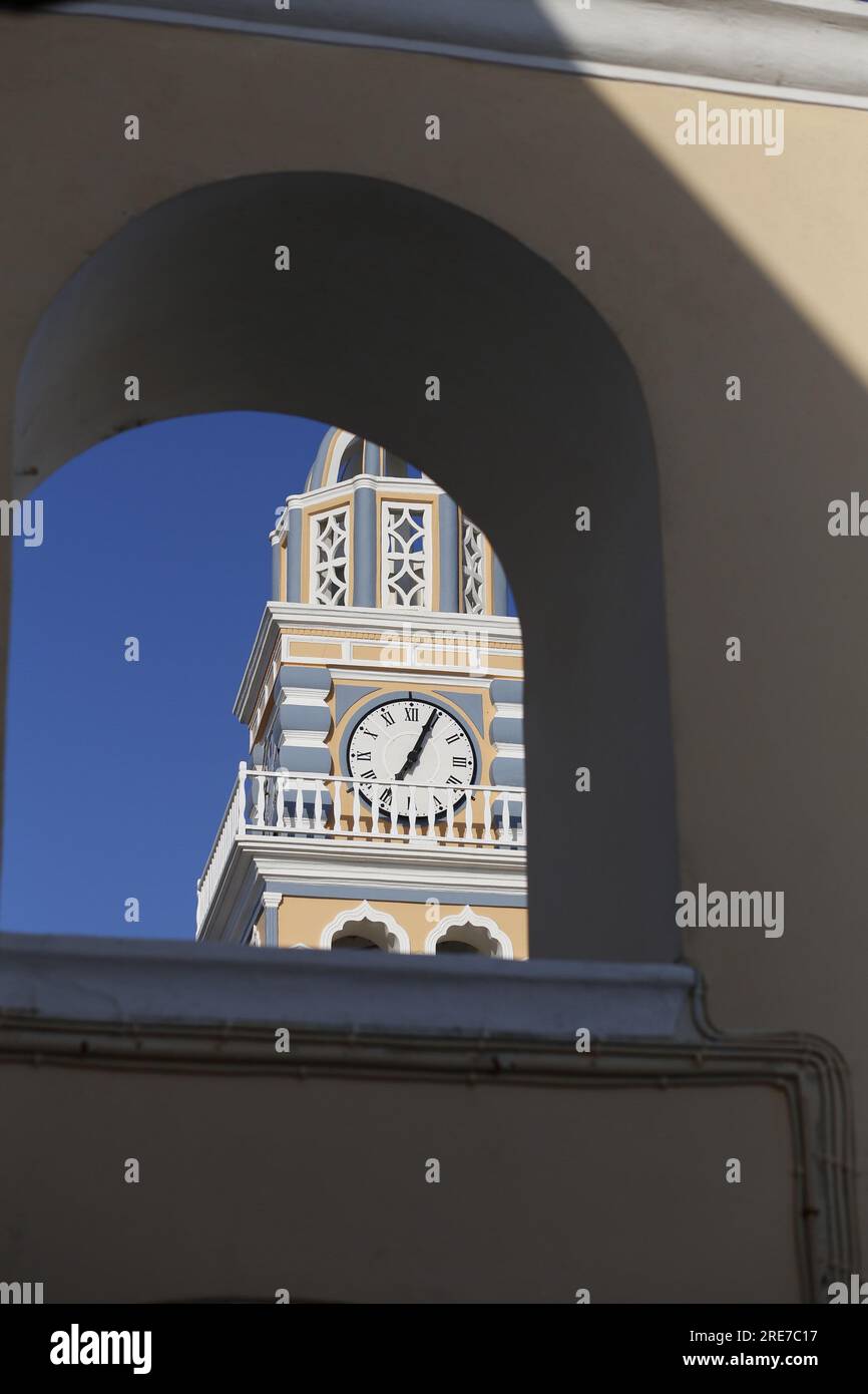 Blue clock tower building landmark in Santorini, Greek Island Stock ...