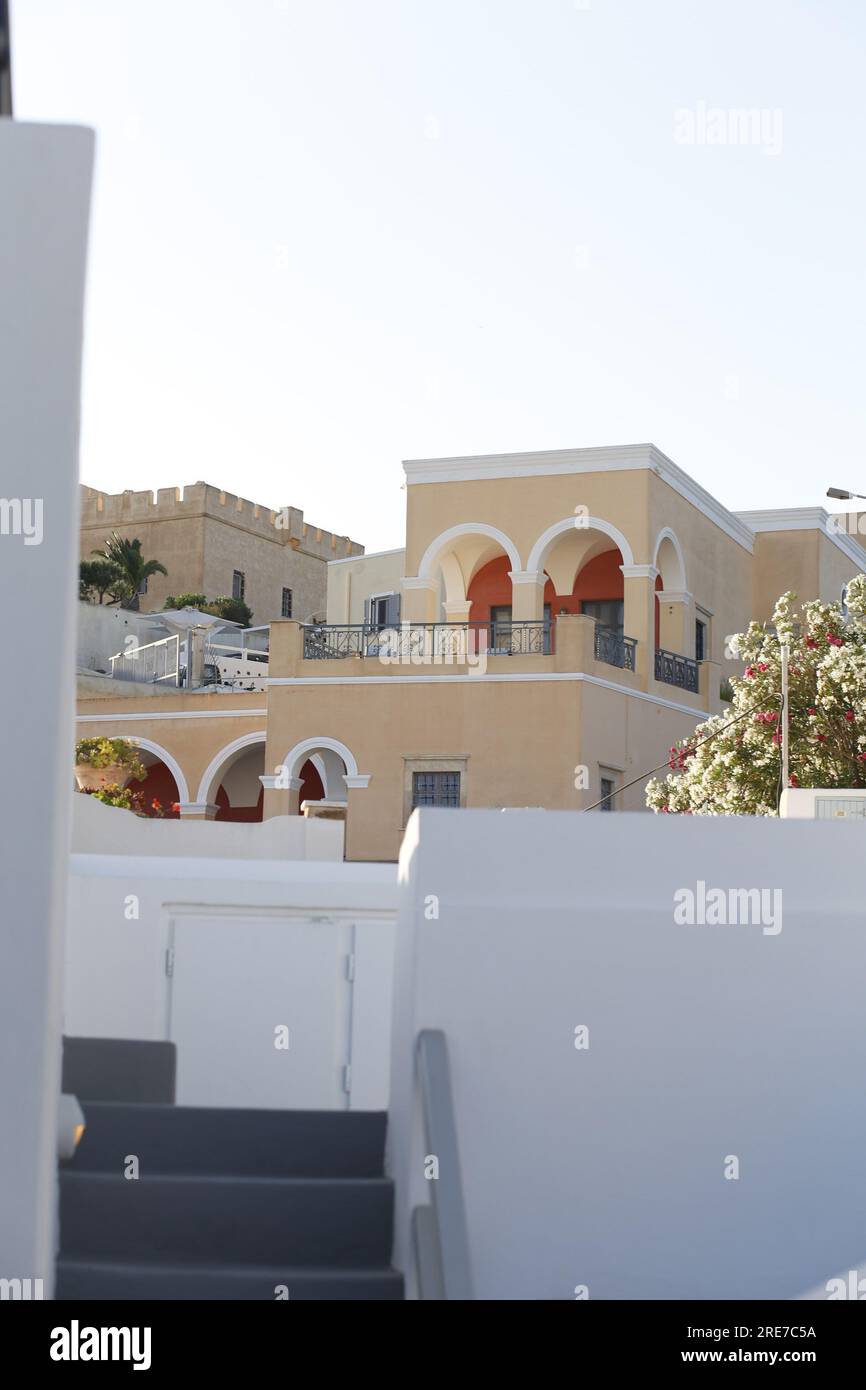 Thera cityscape with beautiful white building landmarks in Thera ...