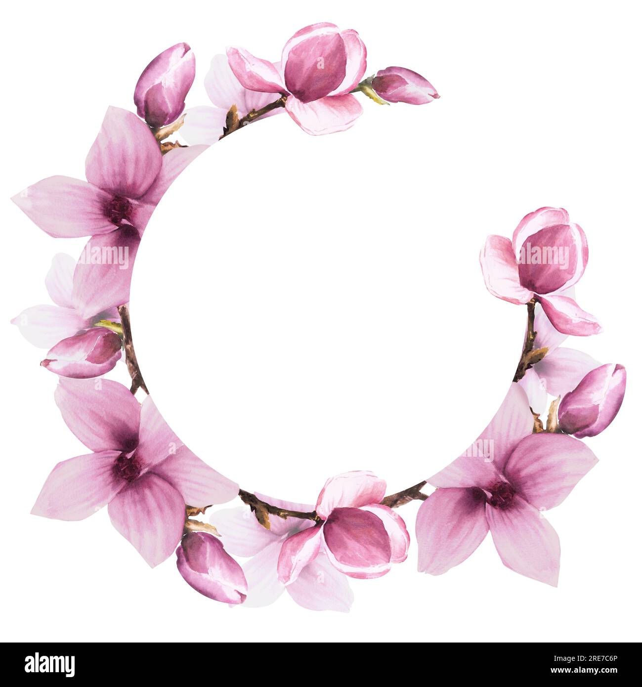 Floral round frame watercolor pink magnolias flowers, buds and leaves ...