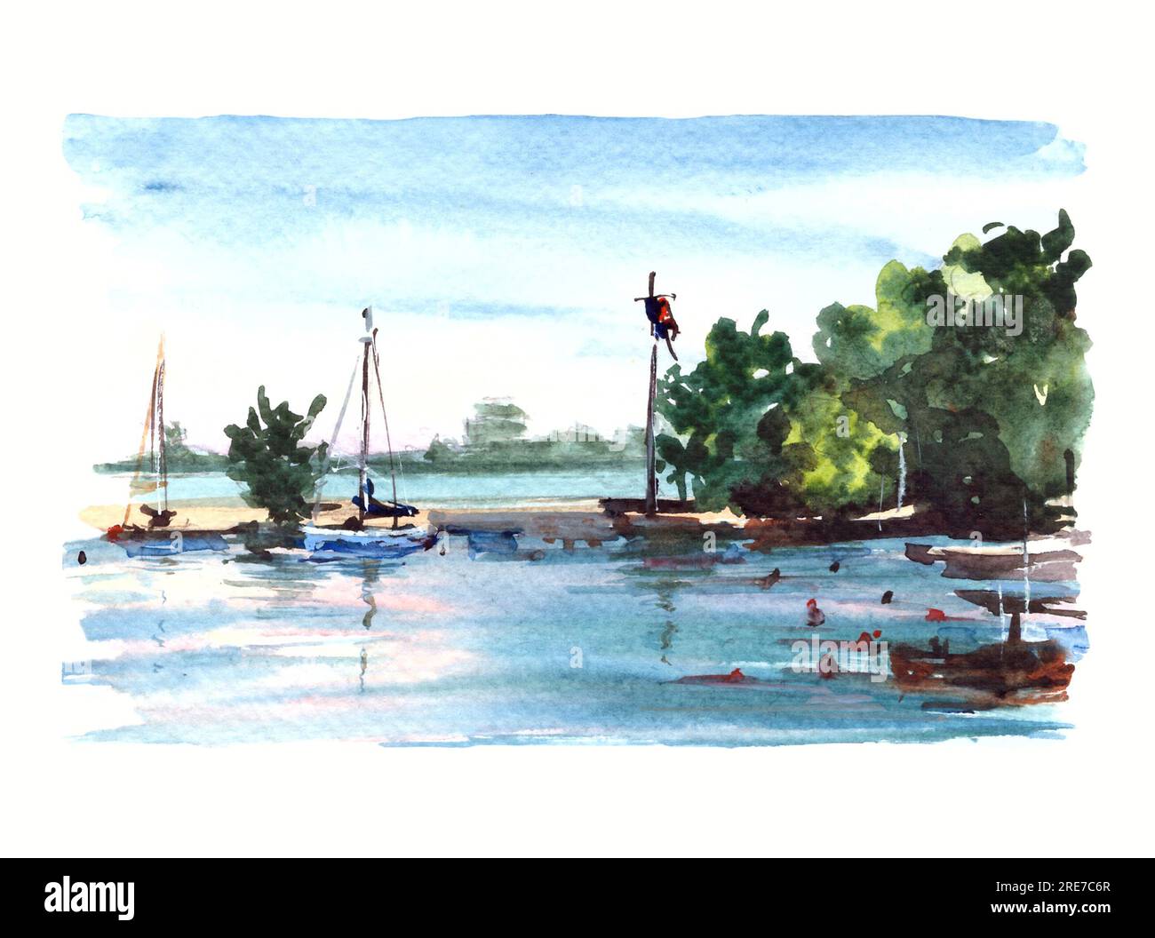 Seascape hand drawn watercolor maritime illustration. Boats, buoys ...