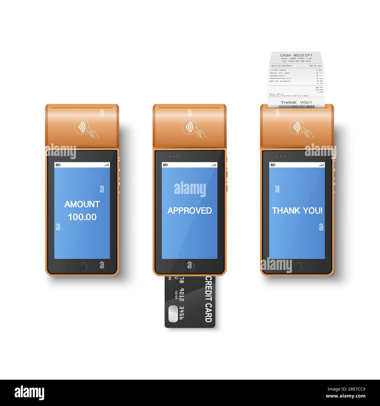 Vector 3d Orange NFC Payment Machine with Approved Status and Paper ...