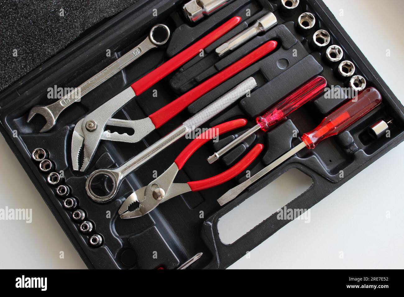 Opened mechanics toolbox on white surface detailed stock photo Stock ...