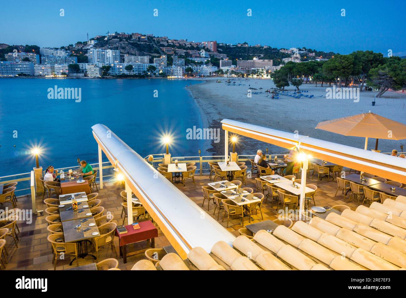 Santa Ponsa beach, illuminated terraces, Calvia, Majorca, Balearic ...