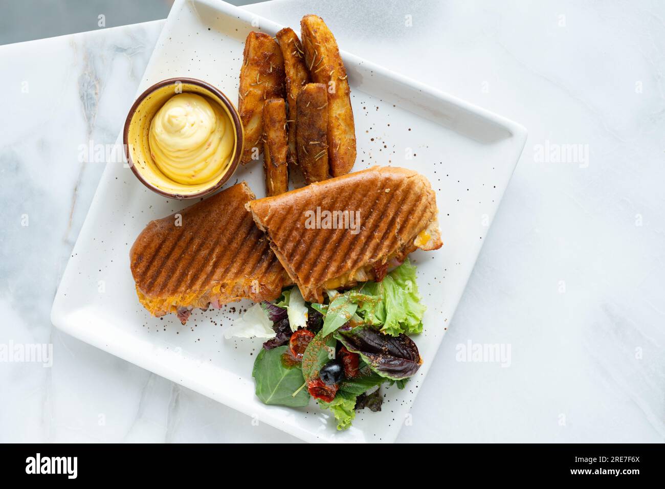 Panini sandwich Burger. Fried Potato with salad and dip. Blur ...