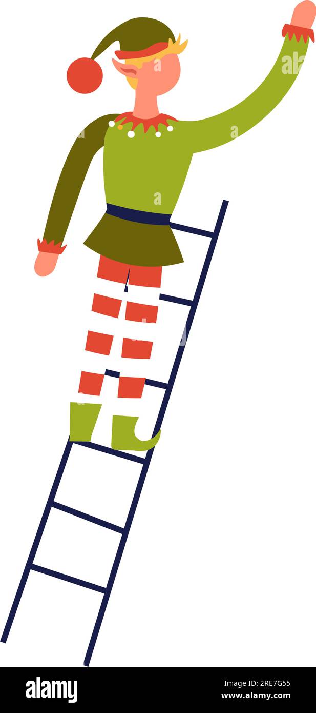 Xmas character, elf helper wearing traditional costume and hat standing ...