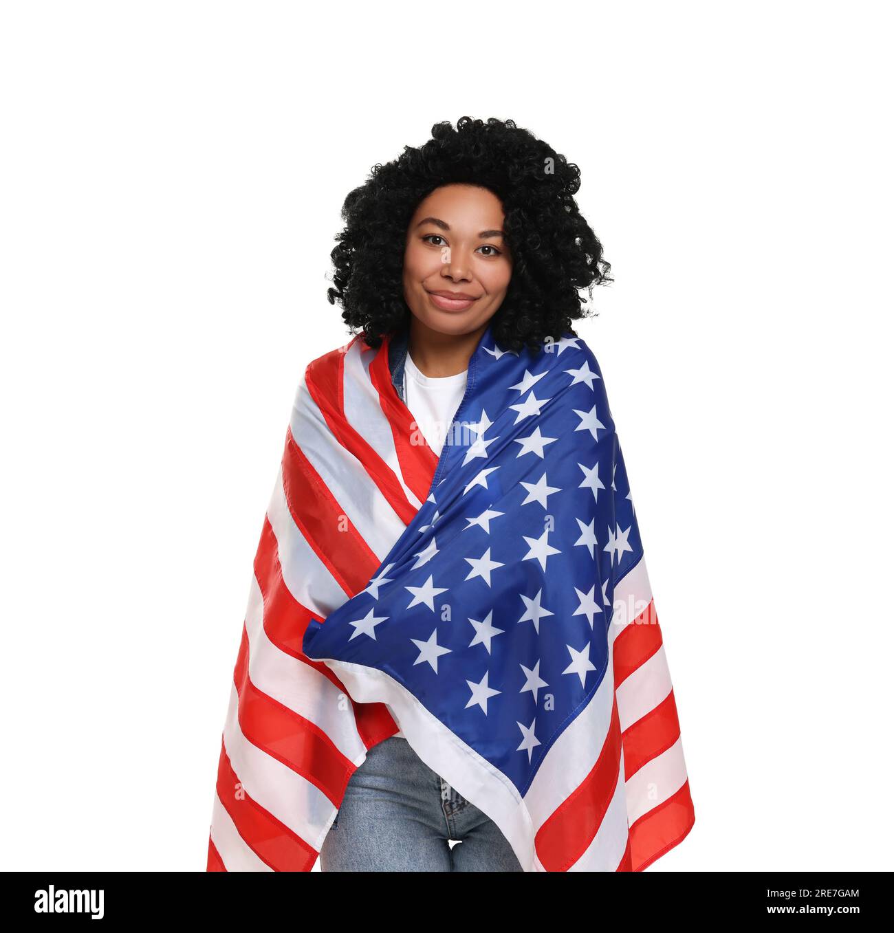 4th of July - Independence Day of USA. Happy woman with American flag ...