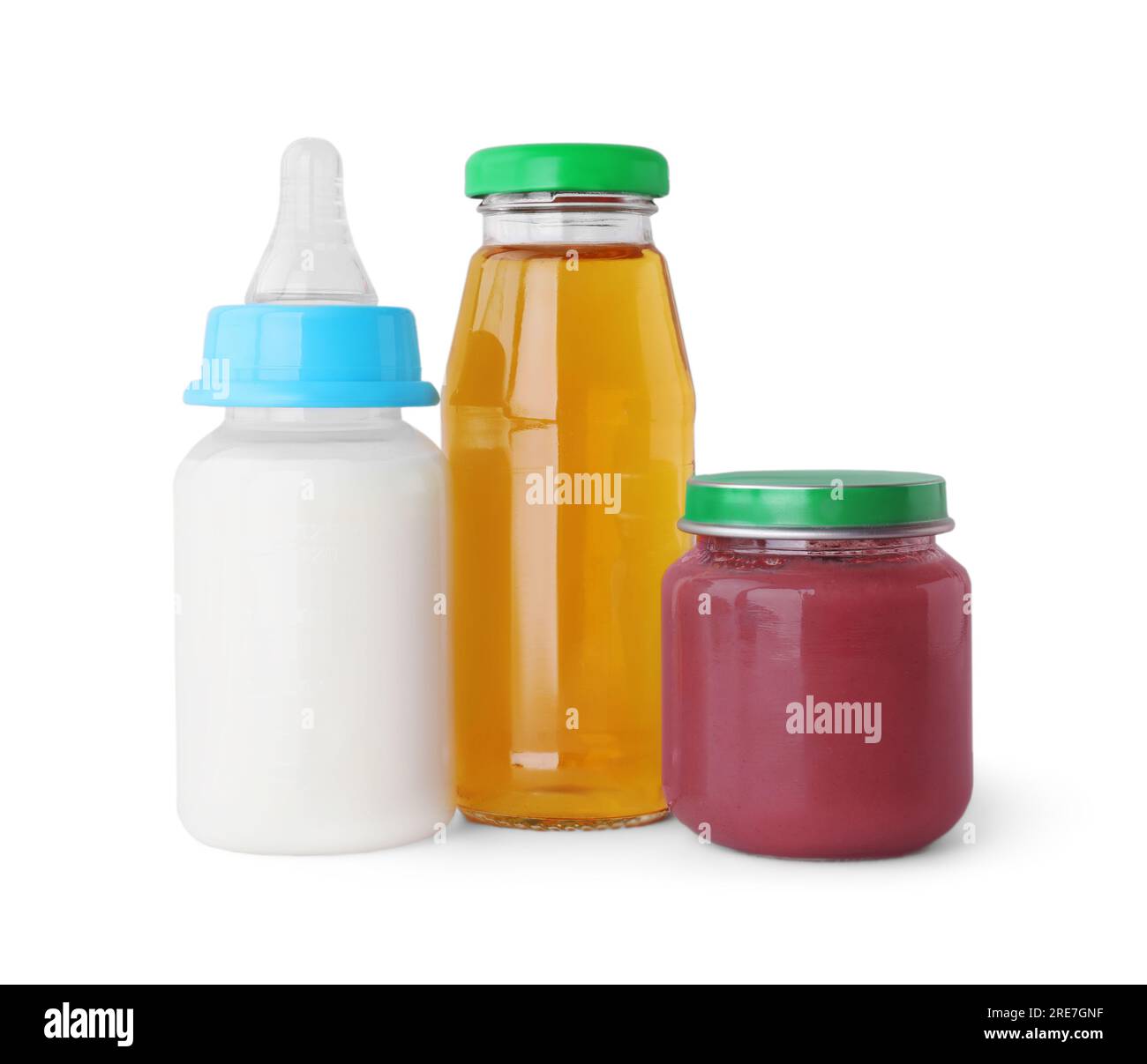 Healthy baby food, bottles with milk and juice on light grey background ...