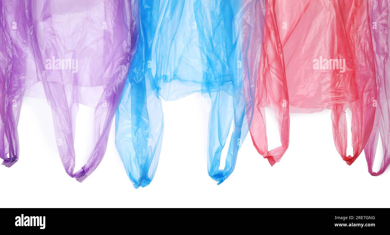 Many different plastic bags on white background Stock Photo - Alamy