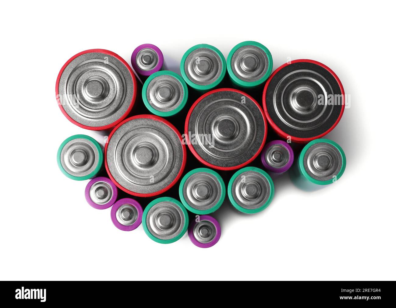 Many different new batteries isolated on white, top view Stock Photo ...