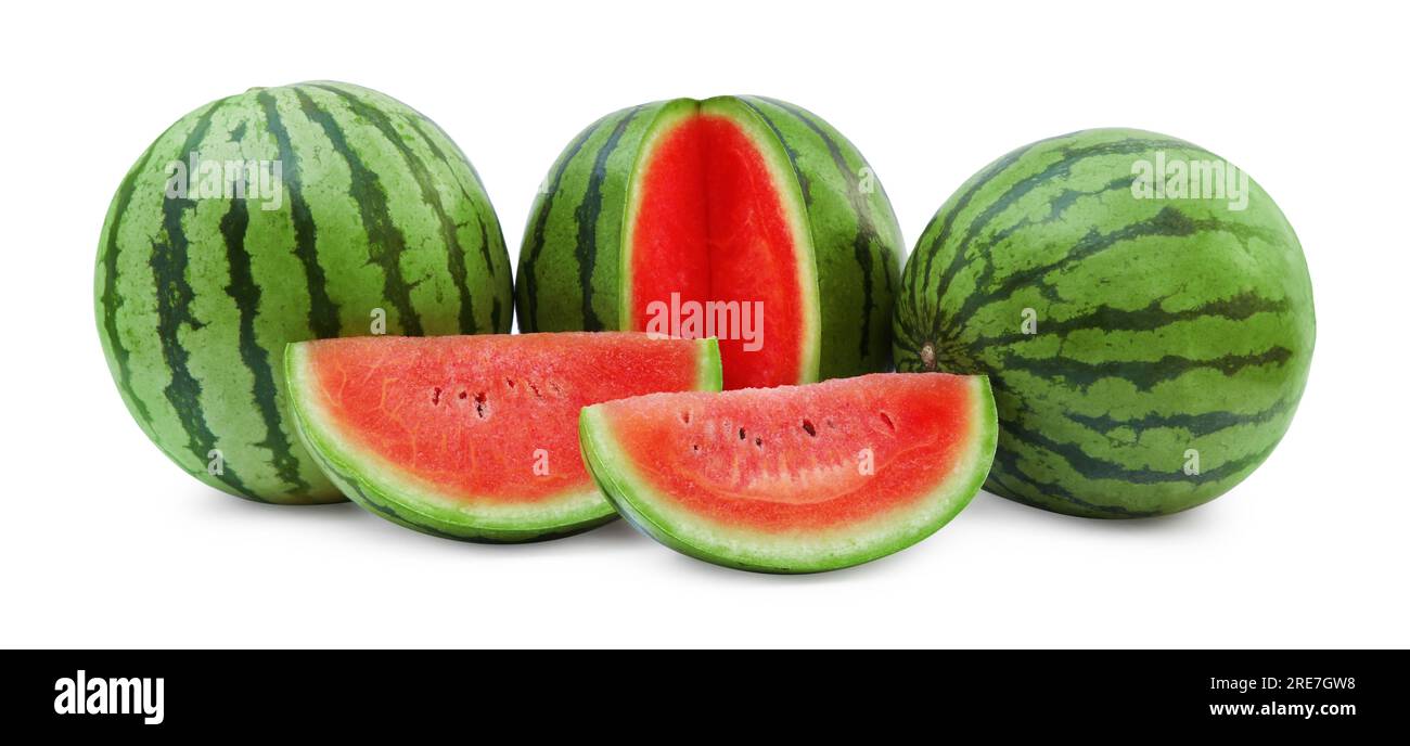 Delicious cut and whole ripe watermelons isolated on white Stock Photo ...