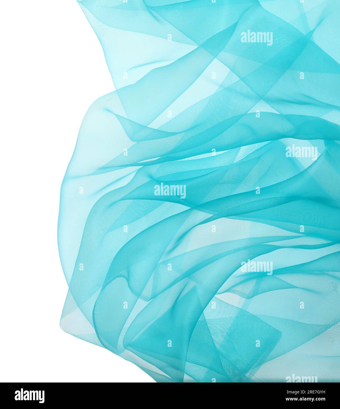 Beautiful turquoise tulle fabric on white background, top view. Space ...