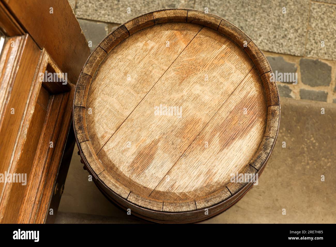 Traditional wooden barrel outdoors, top view. Wine making Stock Photo ...