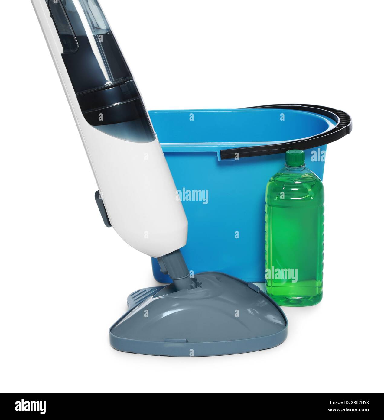 Modern steam mop and bucket with bottle of cleaning product isolated on ...