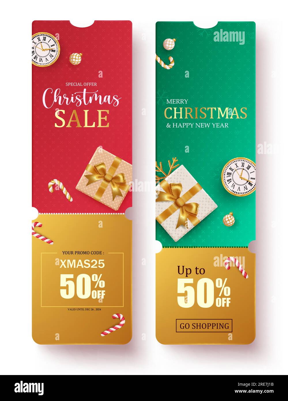 Christmas sale voucher vector poster set. Christmas gift coupon ...