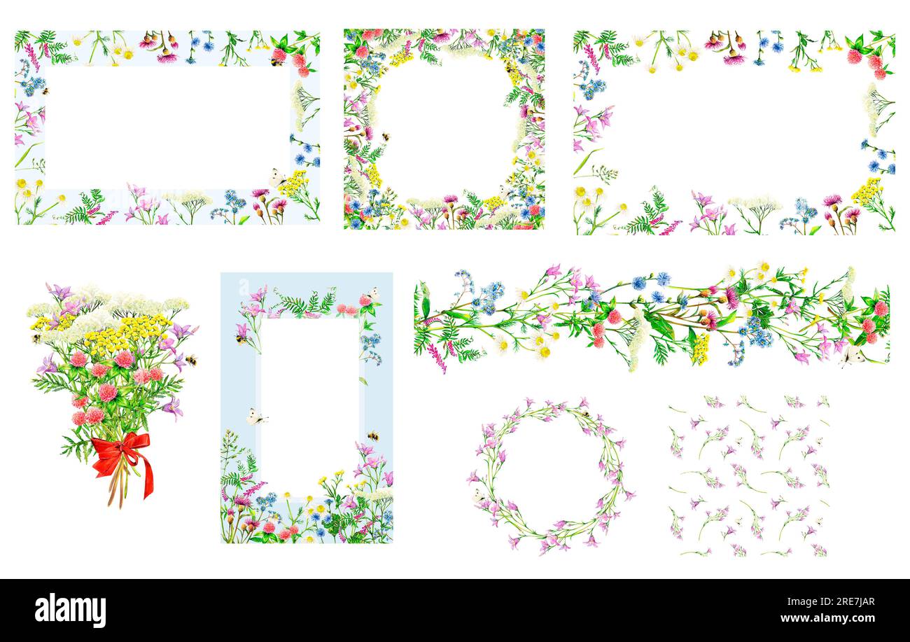 Set of different frames, borders, pattern from realistic meadow ...