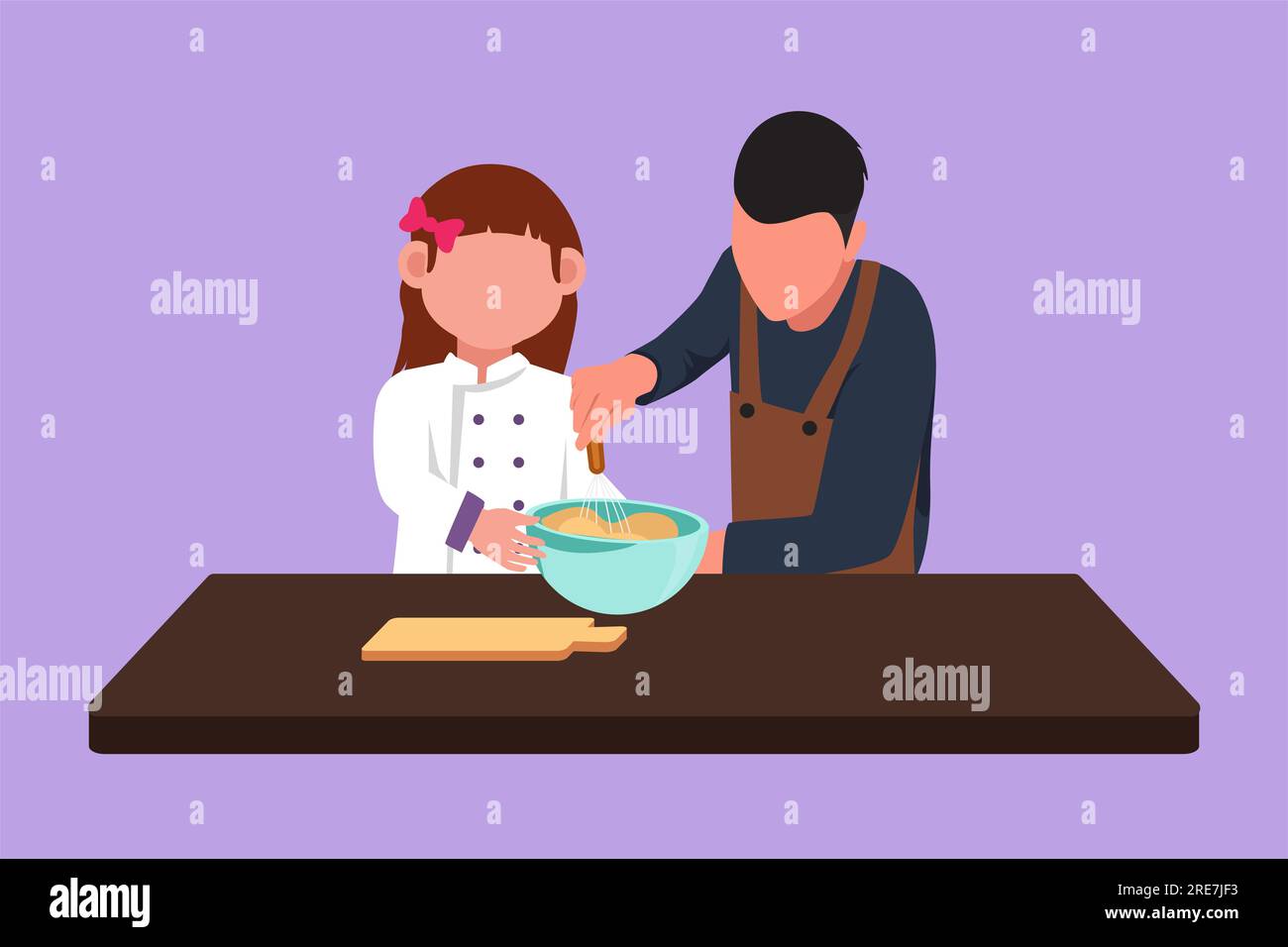 Graphic flat design drawing happy father and daughter knead cake dough ...