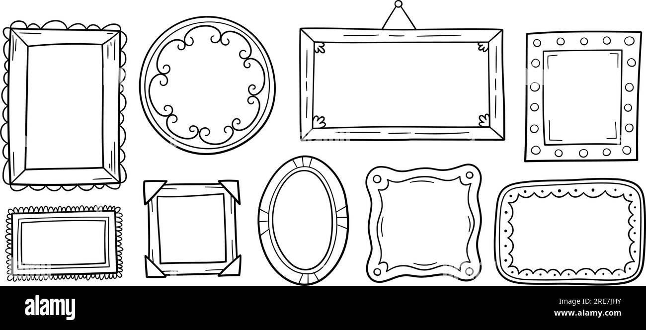 Vintage hand drawn picture frames. Doodle photo frames set. Blank black ...
