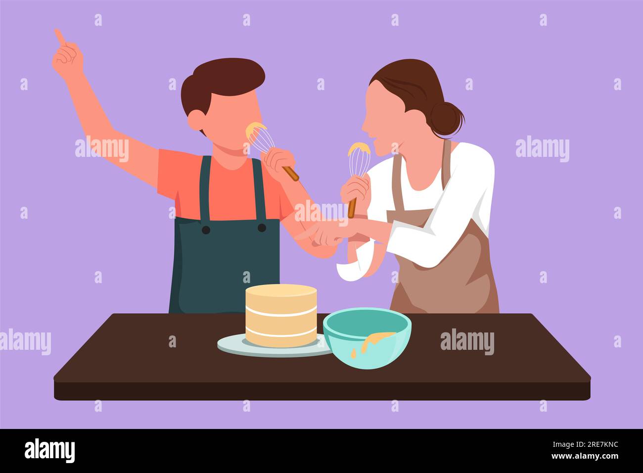 Cartoon flat style drawing happy romantic couple singing while cooking ...