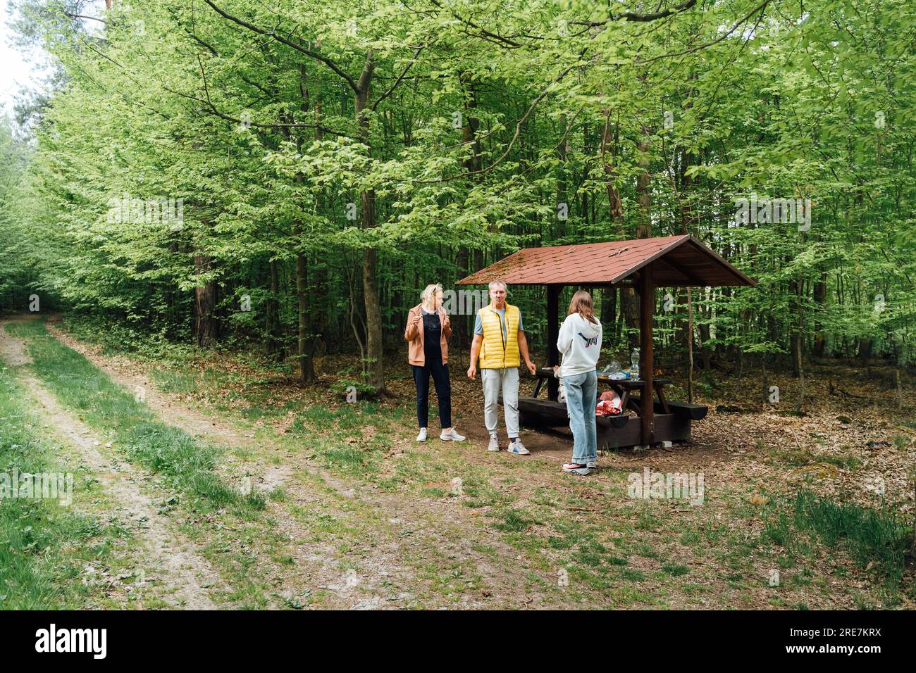 Family on a Picnic at a Resting Place in a Pine Forest Stock Photo - Alamy