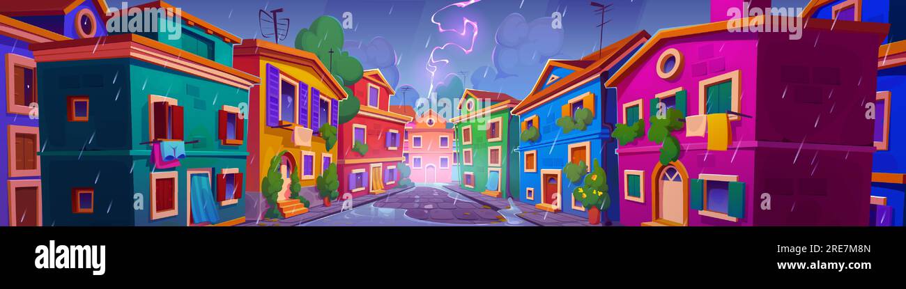 Old Germany city street with medieval houses in rain at night. German ...