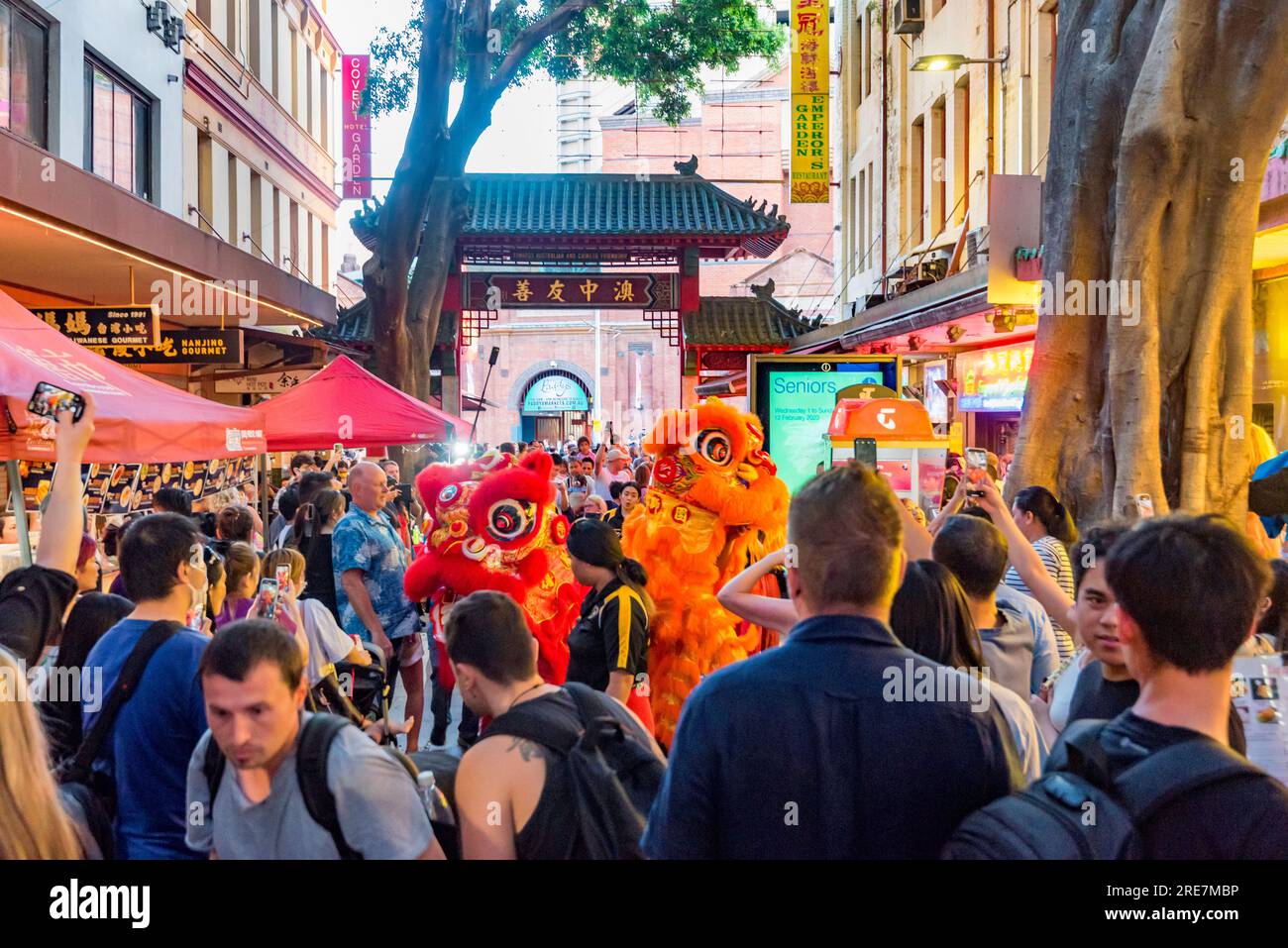 A Chinese Dragon dance moving through a crowd during Lunar (Chinese ...