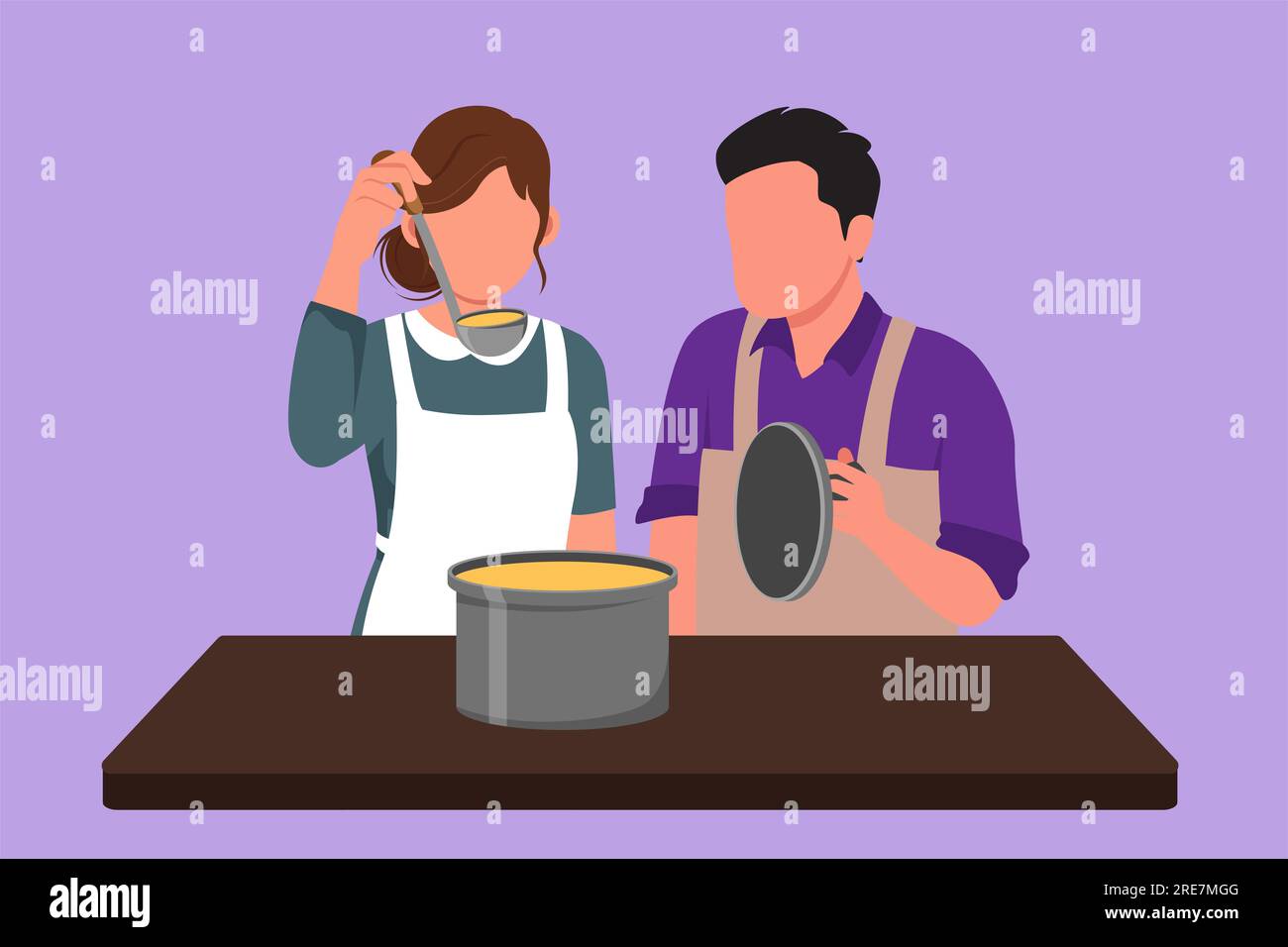 Cartoon flat style drawing handsome husband holding pan lid and his ...