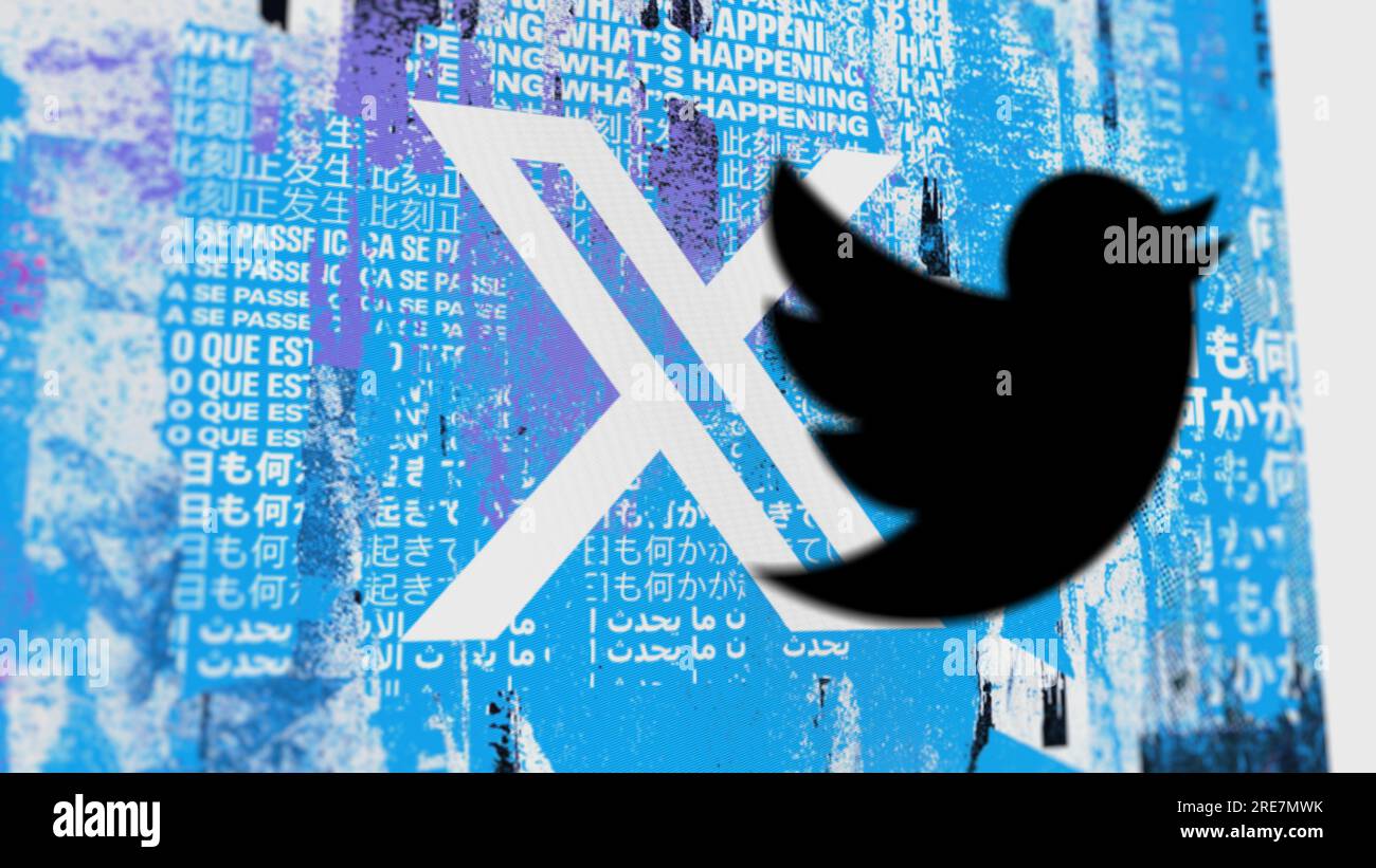 July 26th 2023, the X logo on a the new brand screen, on the foreground ...