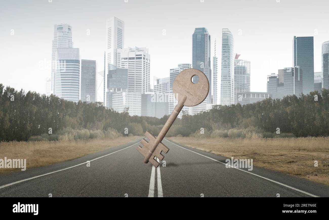 Conceptual background image of concrete key sign on asphalt road Stock ...