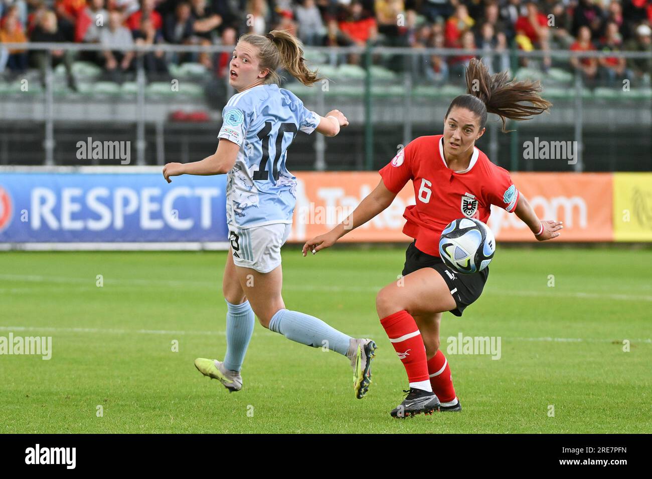 Valesca Ampoorter (10) of Belgium and Anna Holl (6) of Austria pictured during a female soccer ...