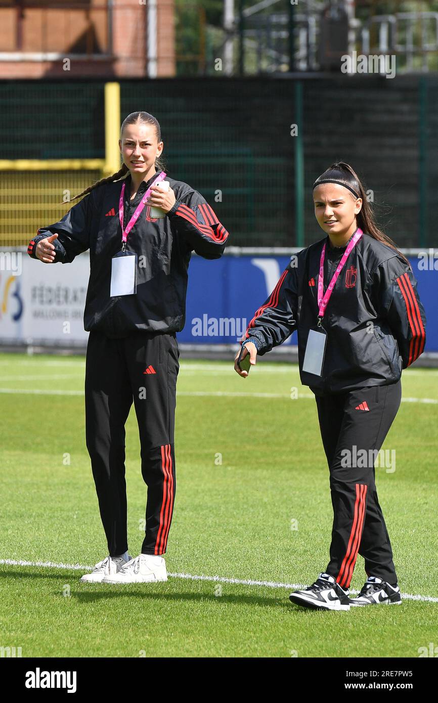 La Louviere, Belgium. 24th July, 2023. team of Belgium inspecting the pitch pictured during a ...