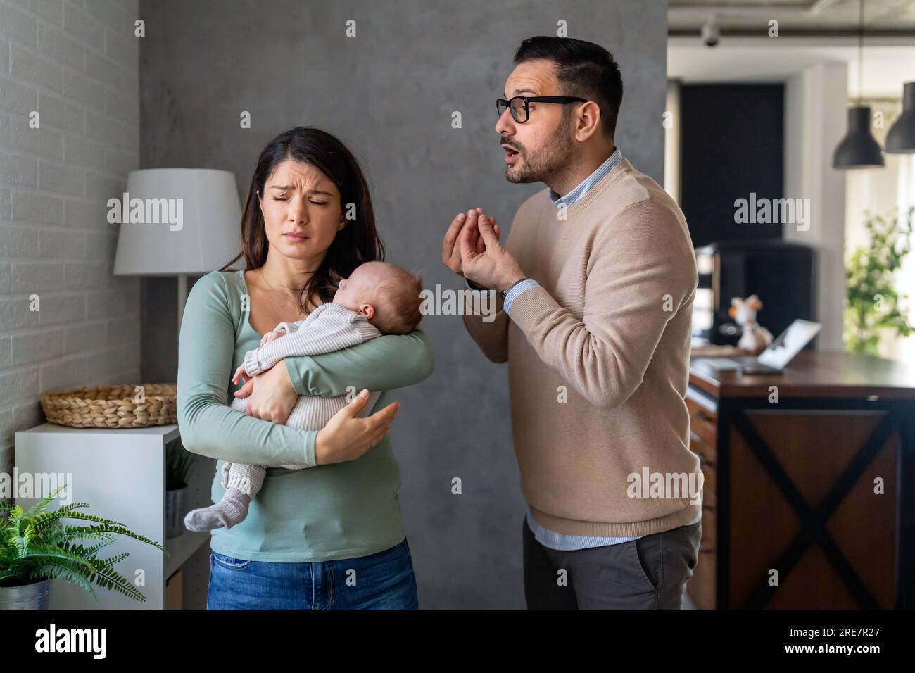 Couple having conflict financia problem postpartum depression. Marriage ...
