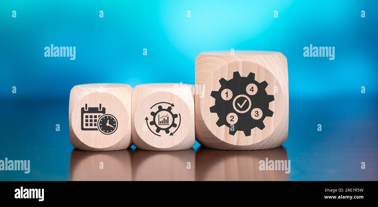 Wooden blocks with symbol of action plan concept on blue background ...