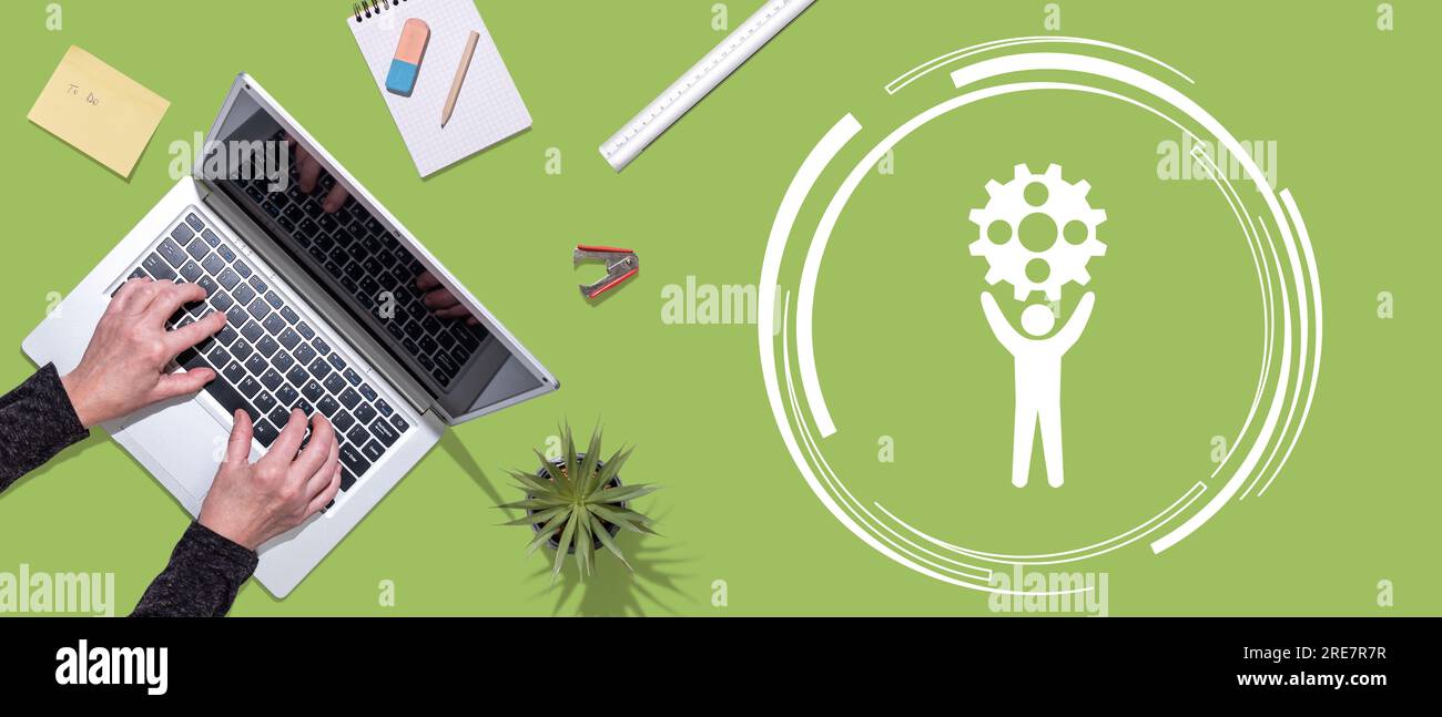 Top view of hands using laptop with symbol of business support concept ...