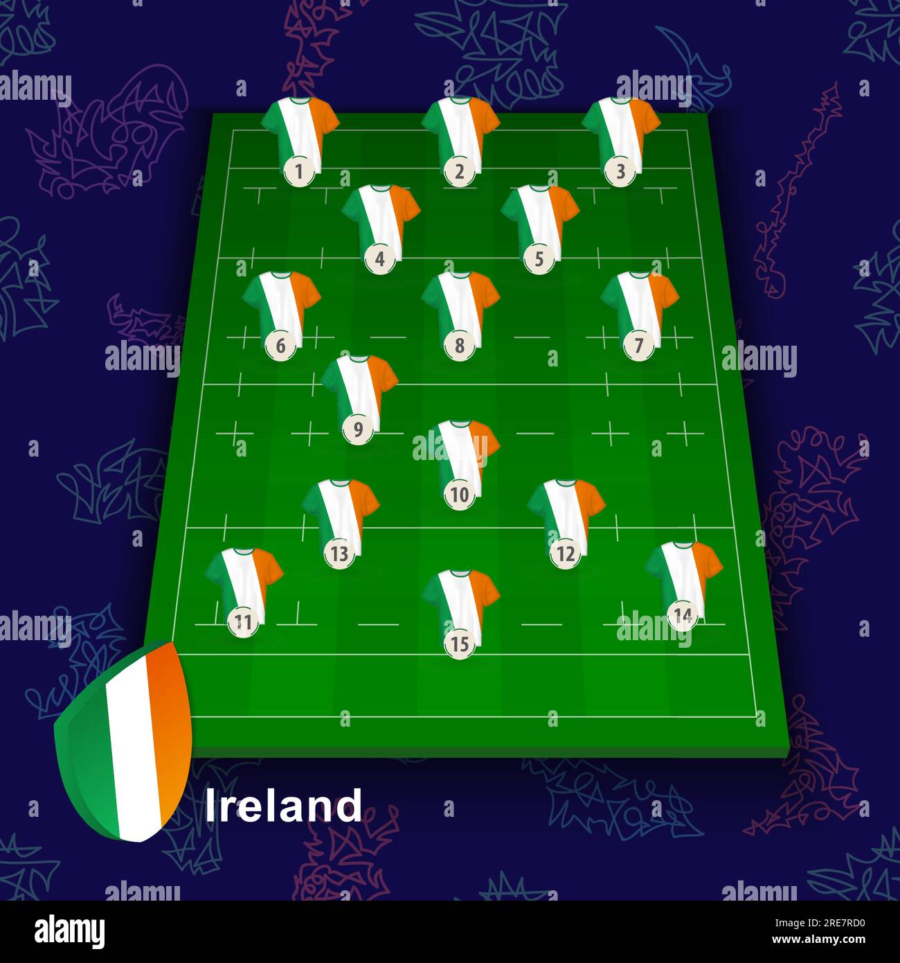 Ireland national rugby team on the rugby field. Illustration of players ...