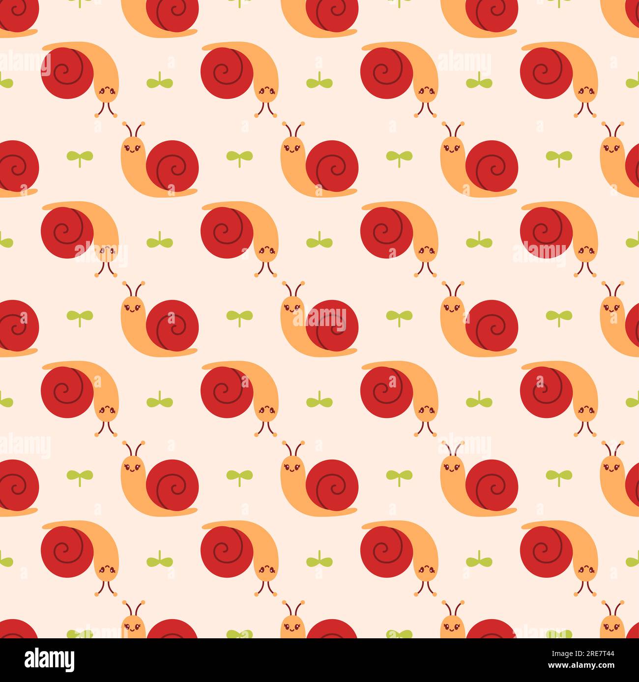 Cute snail seamless pattern. Childrens vector illustration. Snail with green plants cute ...