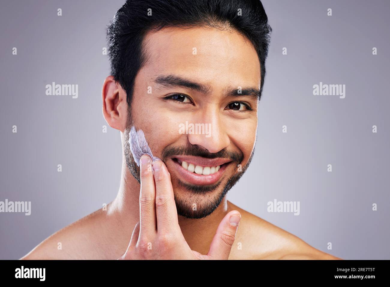 Smile, portrait or happy man with shaving cream or beard product in ...