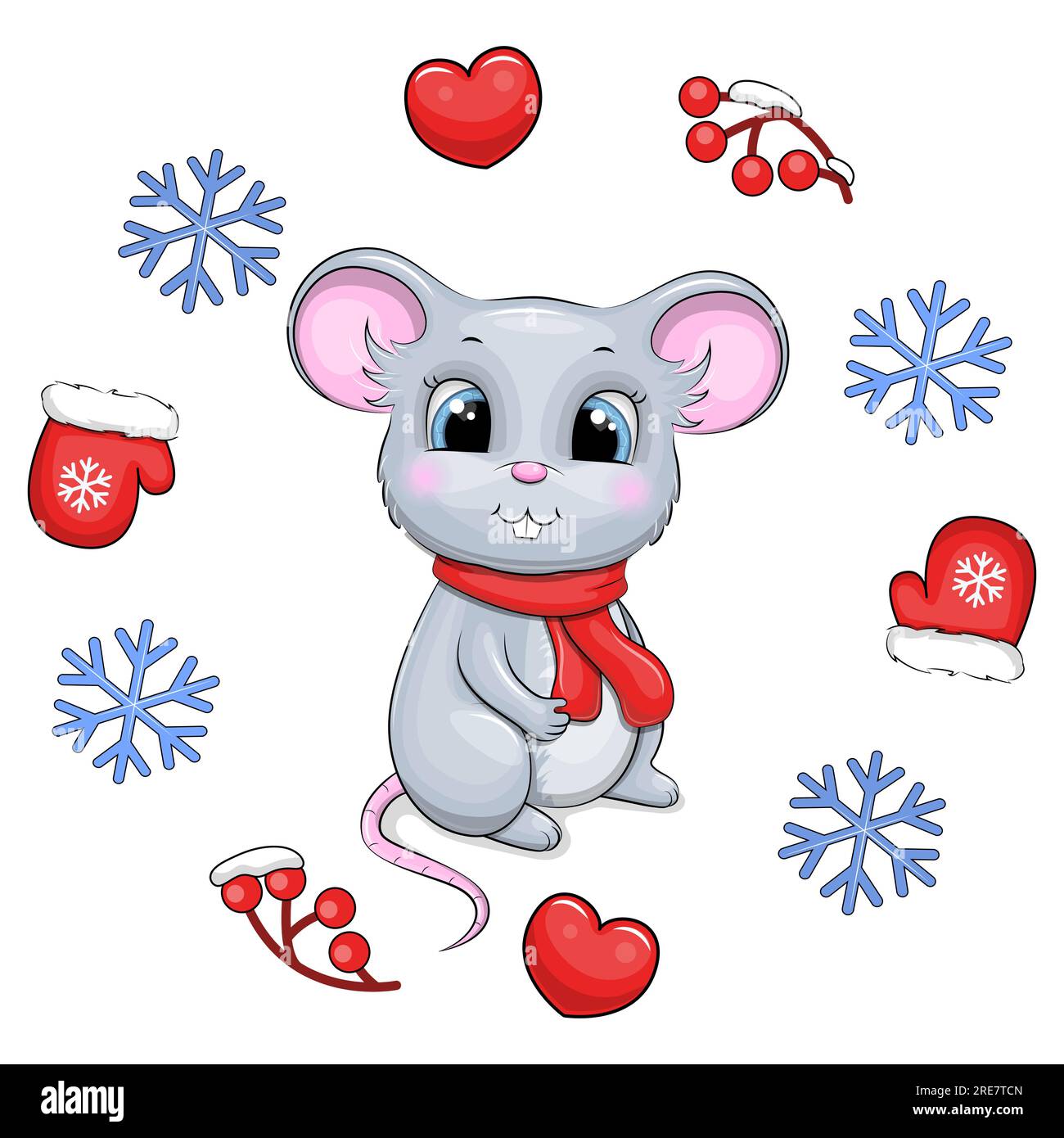 Cute cartoon mouse with a red scarf in a winter frame. Vector ...