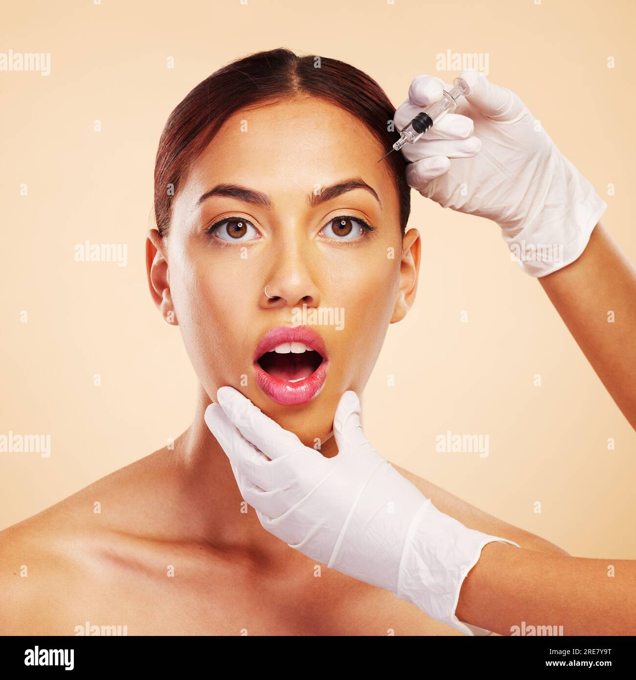 Surprise, woman or face in plastic surgery injection for facelift or ...