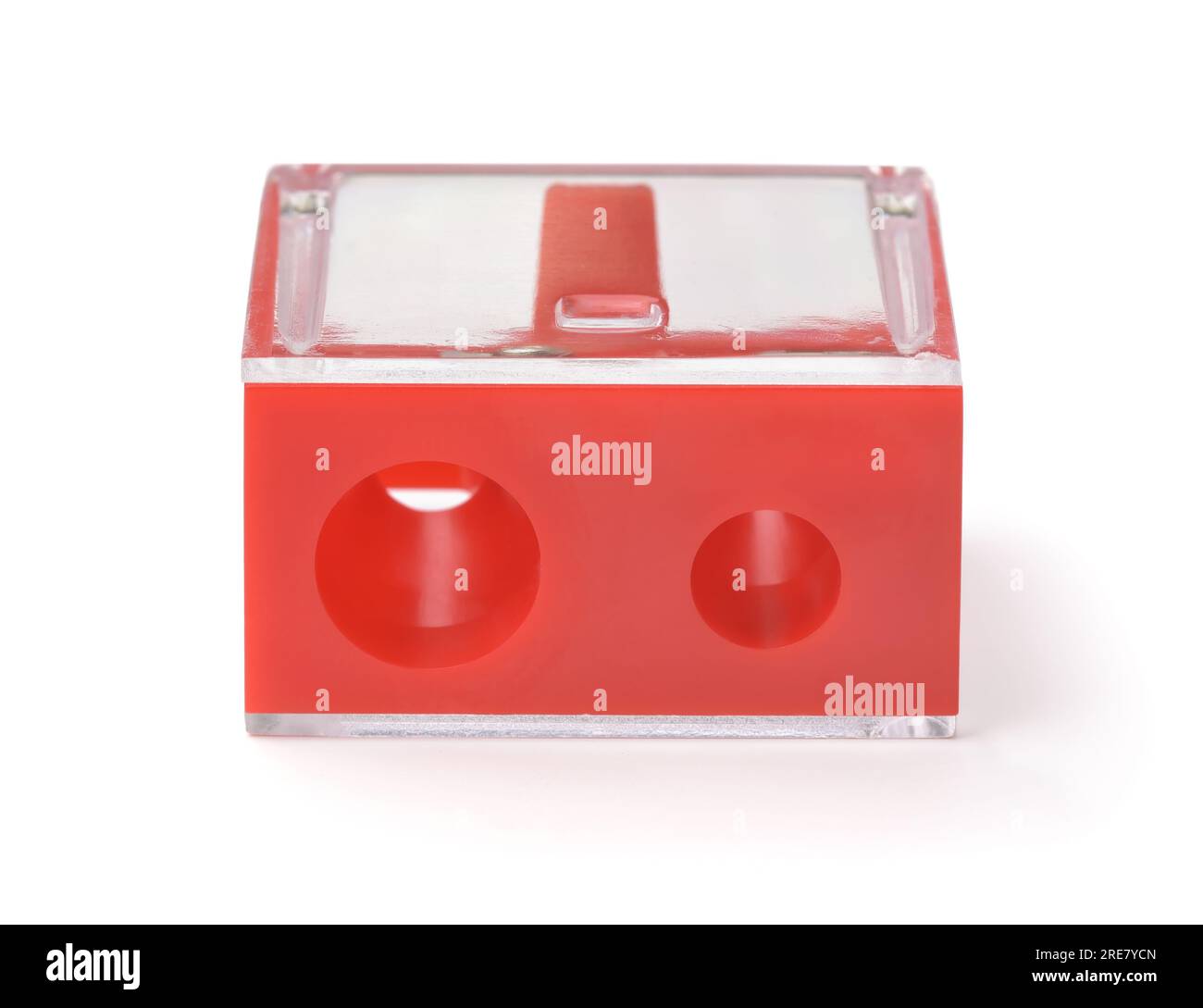 Front view of red dual makeup eye and lips pencil sharpener isolated on ...