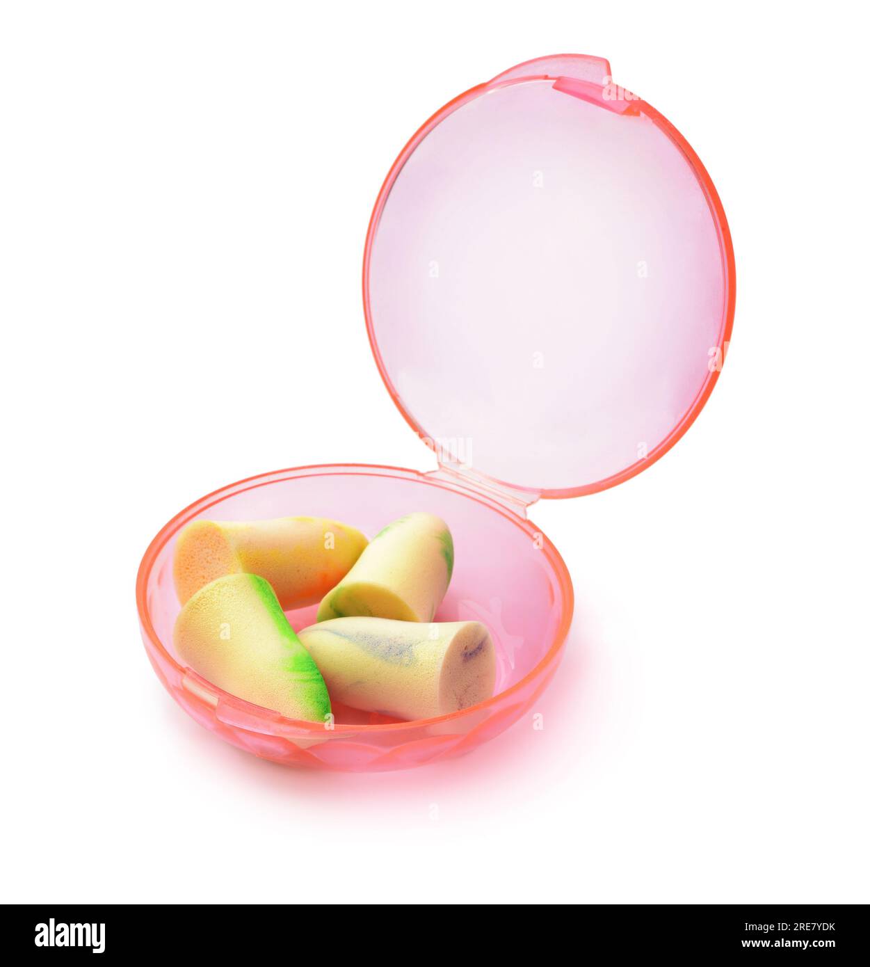 Four foam ear plugs in open pink plastic container isolated on white ...