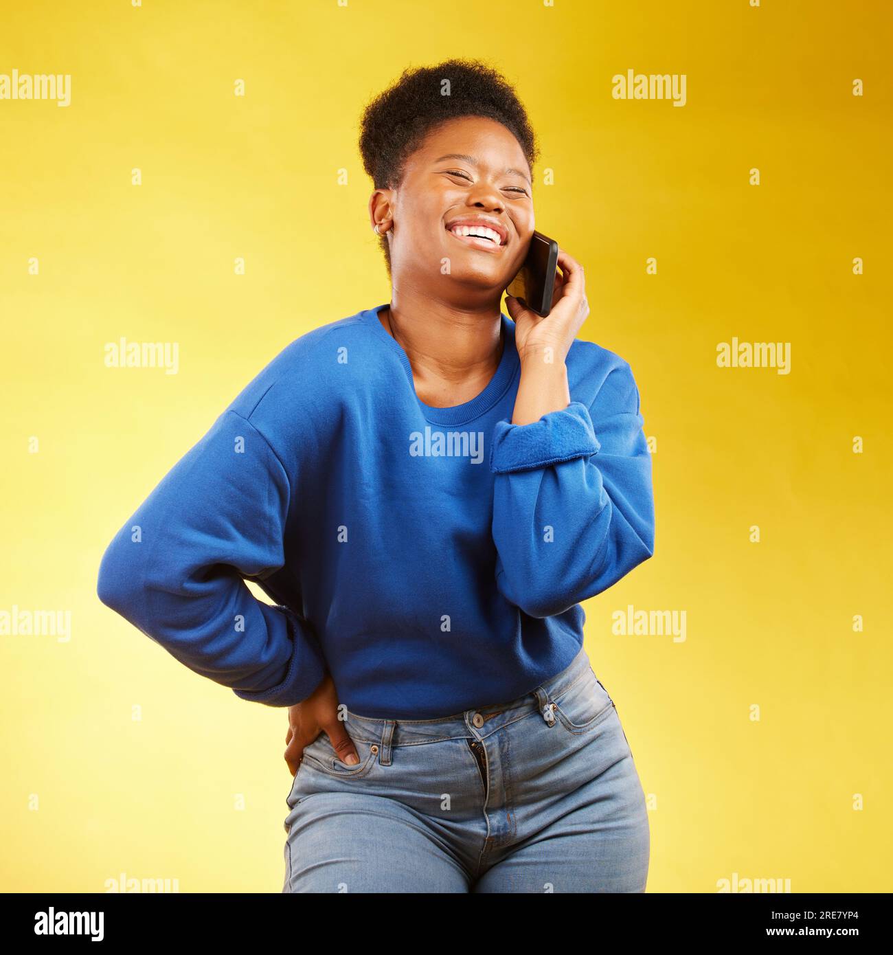 Phone call, laugh and black woman in studio happy, silly or share joke ...