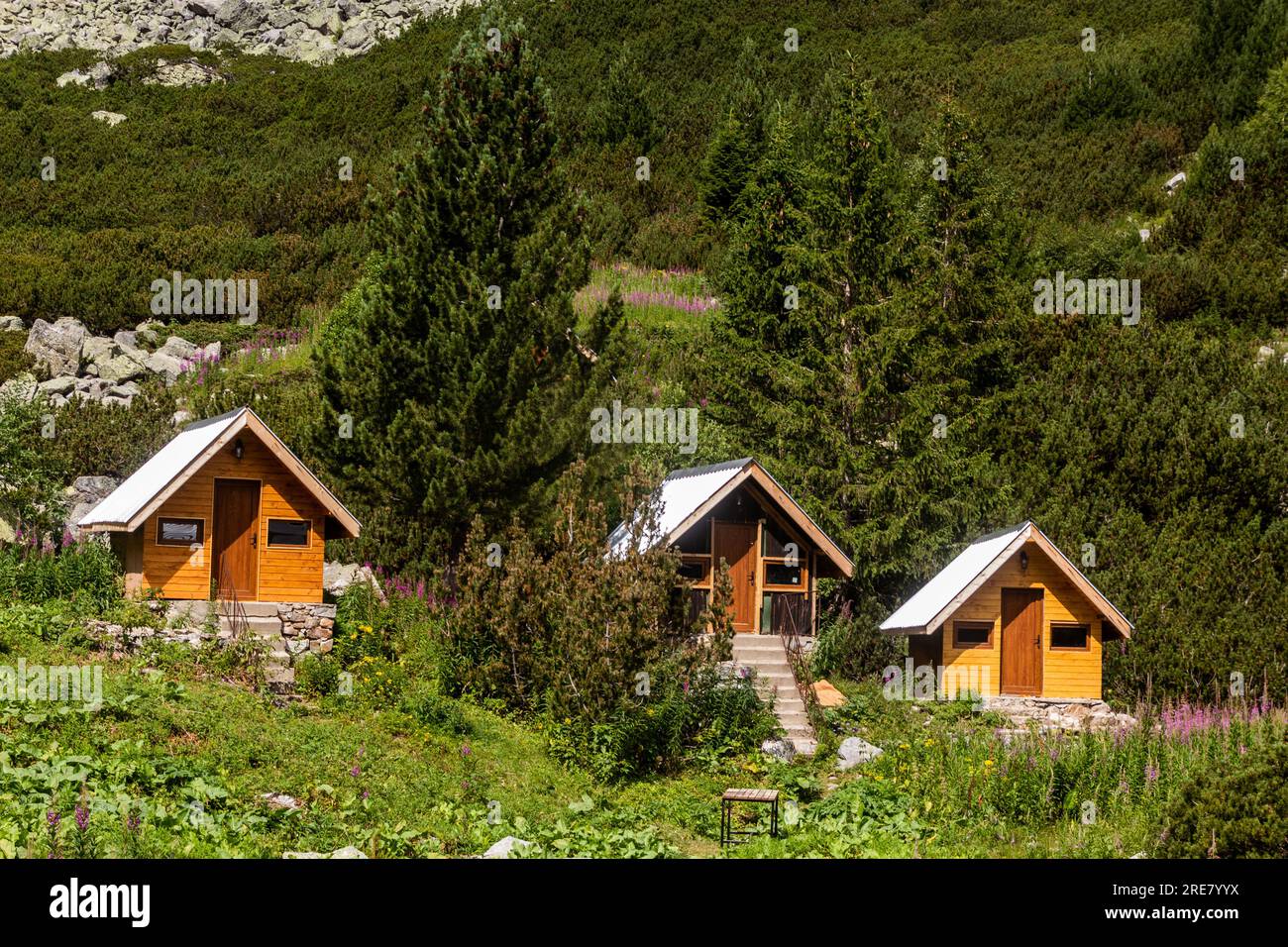 Mountain huts under Malyovitsa peak in Rila mountains, Bulgaria Stock ...