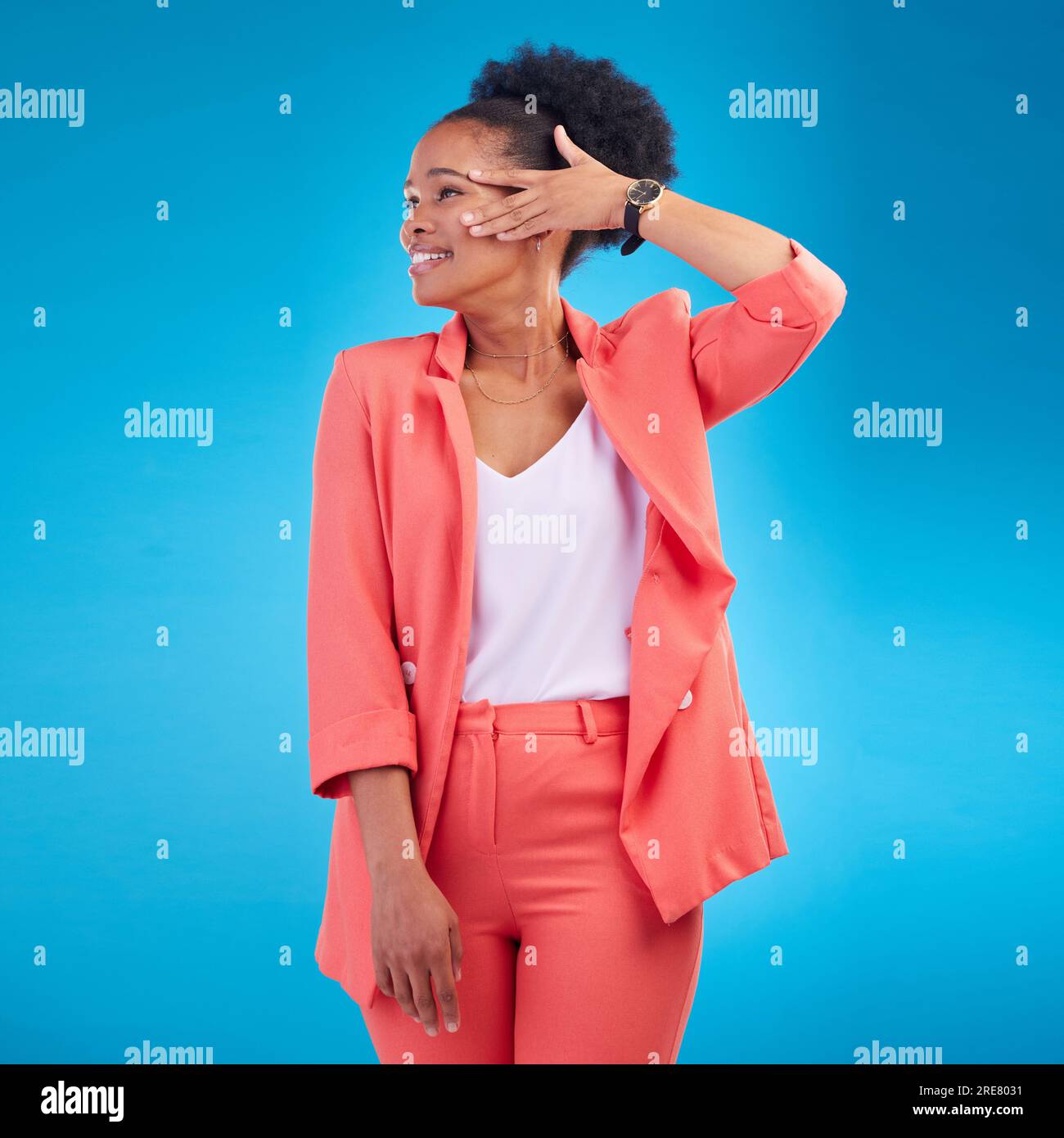 Fashion, smile and confident with a black woman on blue background in ...